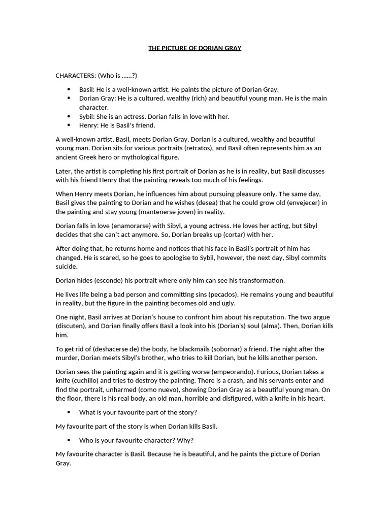 Dorian Gray: Characters and Plot Summary | PDF | The Picture Of Dorian Gray