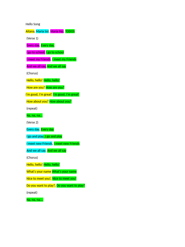 "Hello Song Lyrics for Kids" | PDF