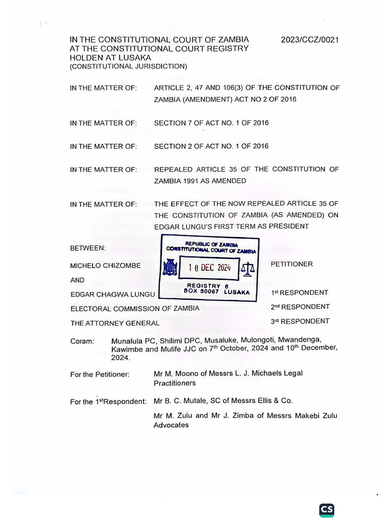 Michelo Chizombe v. Edgar Chagwa Lungu Eligibility Decision | PDF
