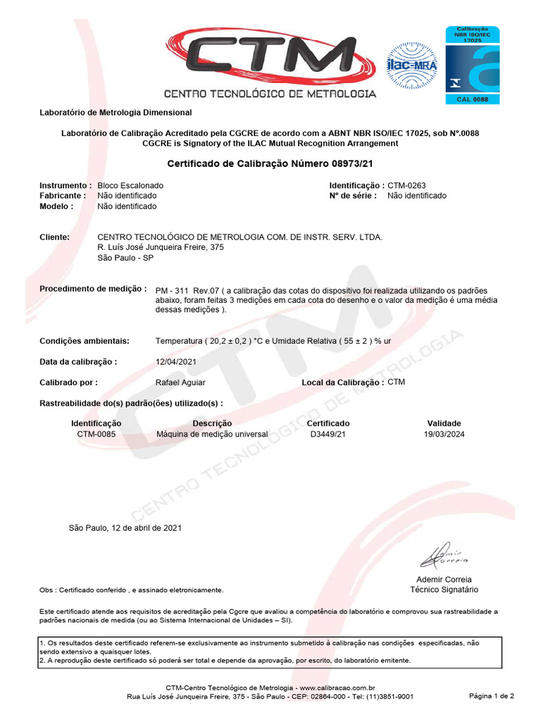 Certificado Do Padrão de Calibração Do Ultrassom | PDF | Calibração ...