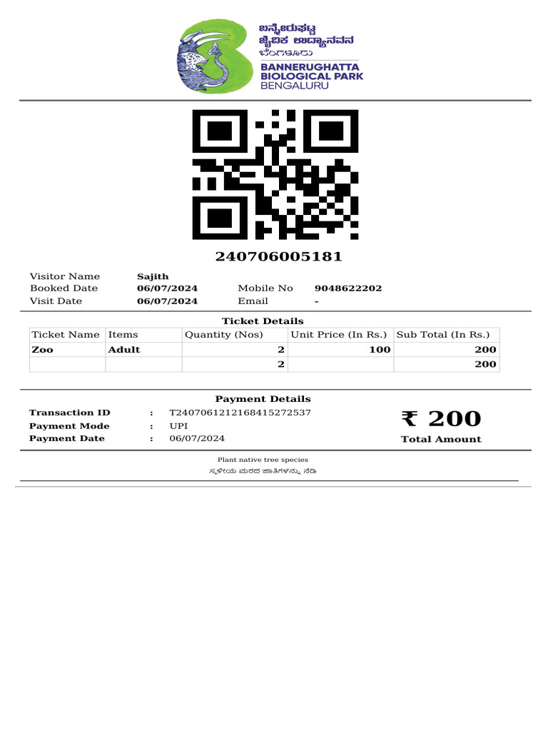 Zoo Ticket Confirmation for Sajith | PDF