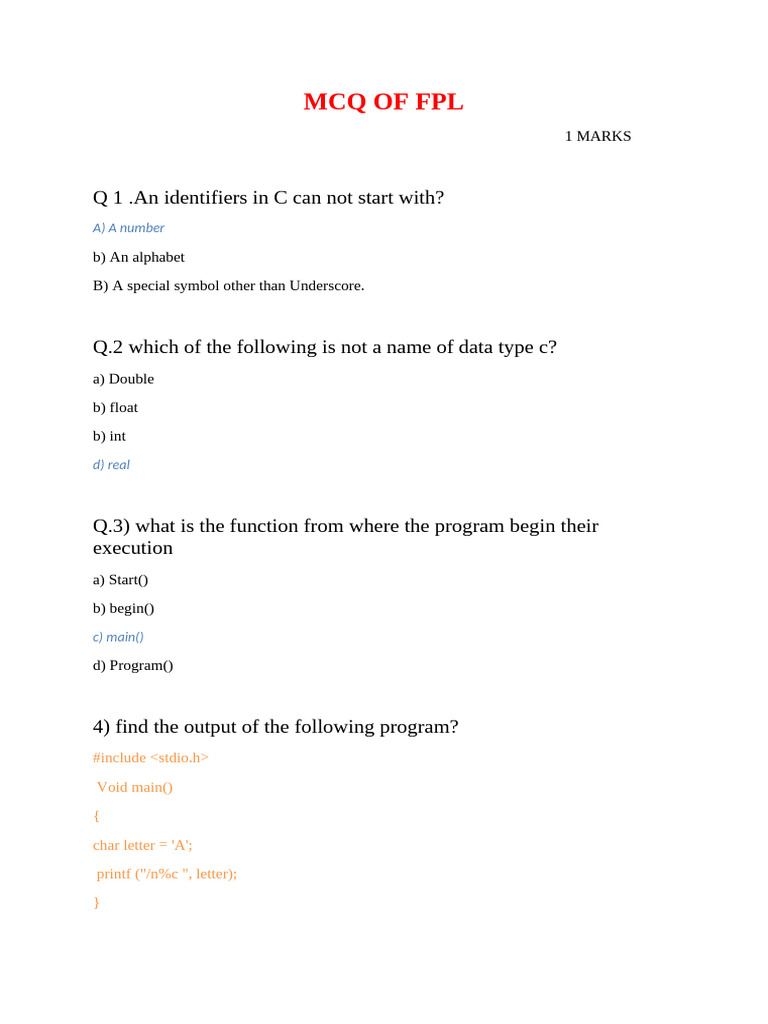MCQ of FPL (G) | PDF