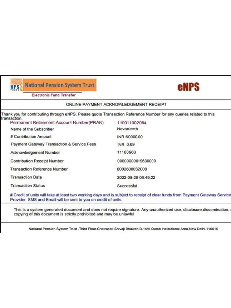 Nps Contribution Payment Receipt 1 | PDF