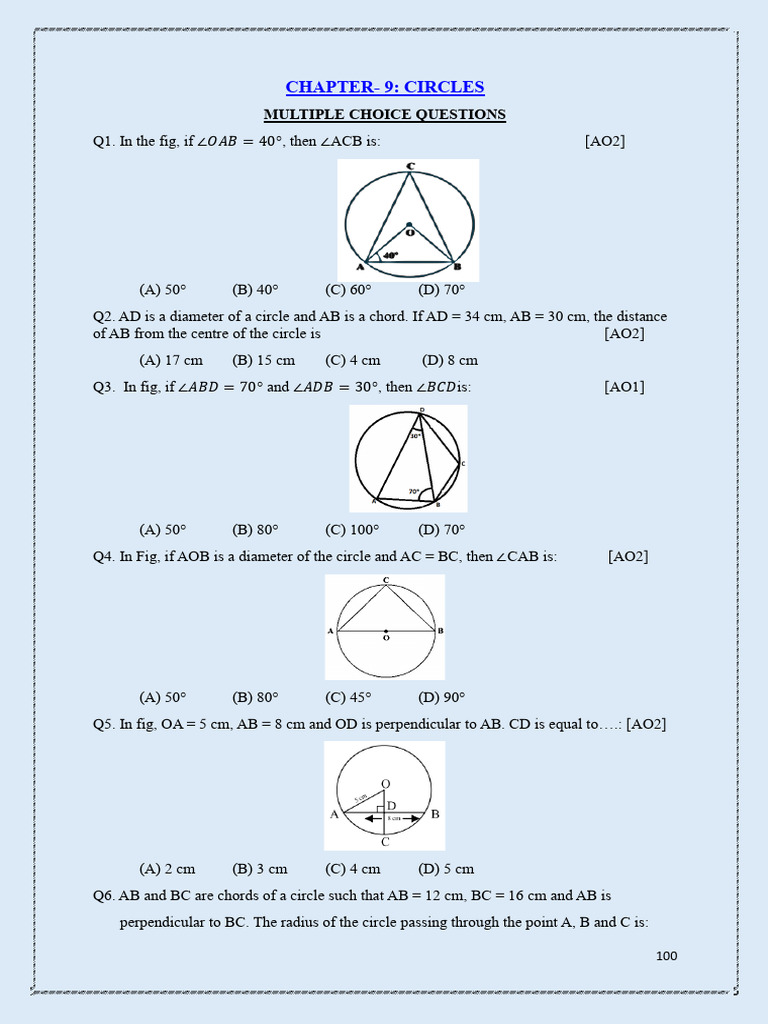 Class 9 Circles MCQs with Answers | PDF | Circle | Triangle