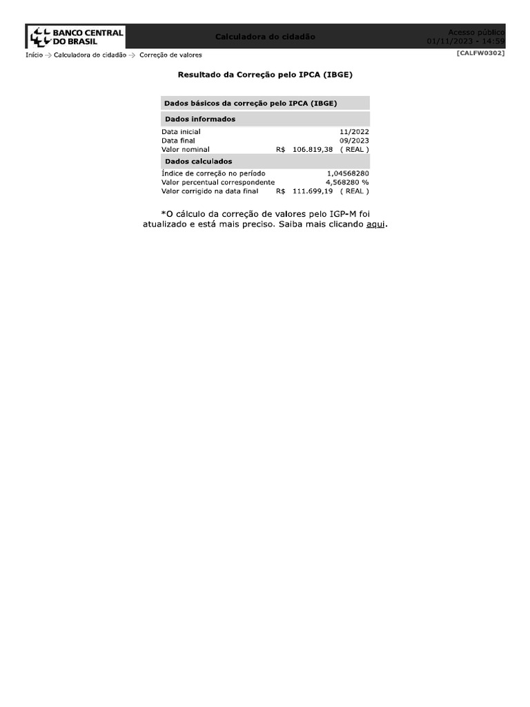 Memoria de calculo - periodo 11_2022 à 09_2023 - IPCA | PDF