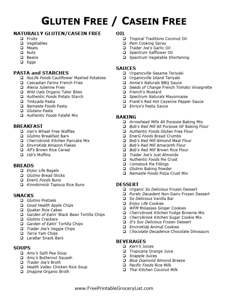 Gluten Free Casein Free Grocery List | PDF | Desserts | Pasta