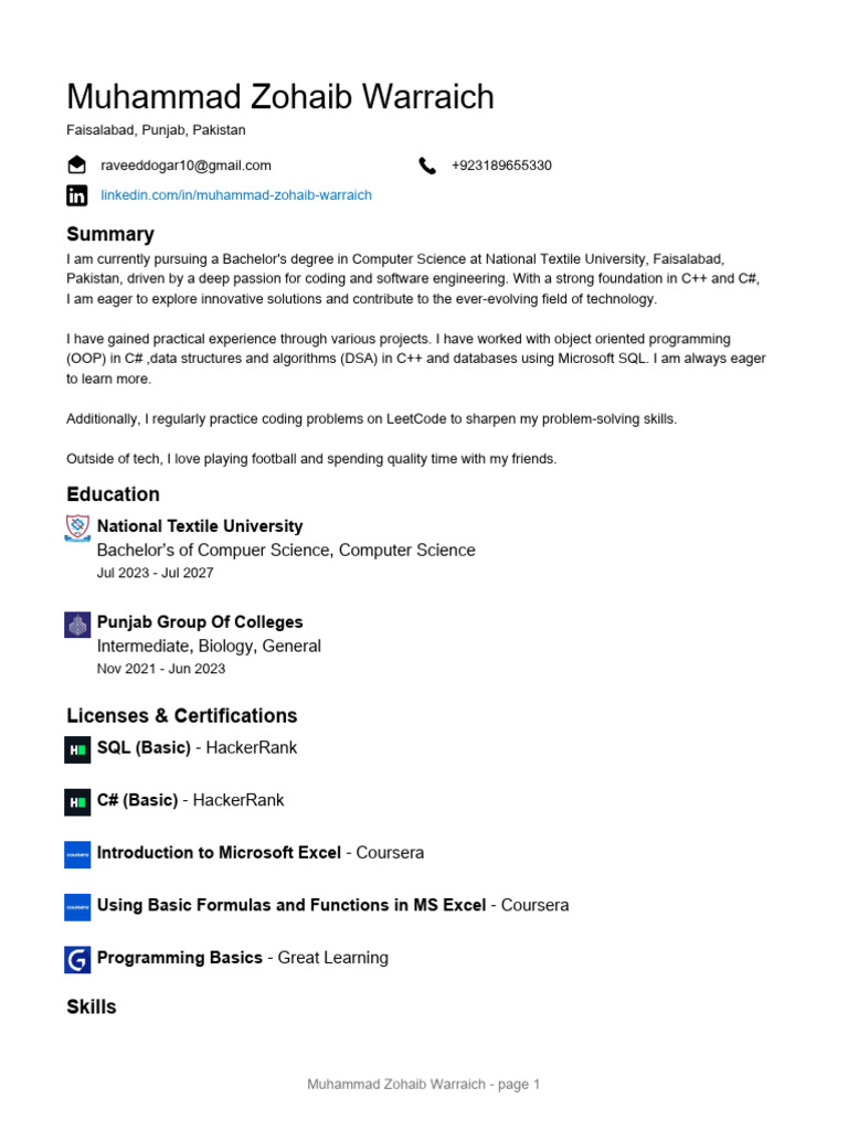 Resume Muhammad Zohaib Warraich | PDF