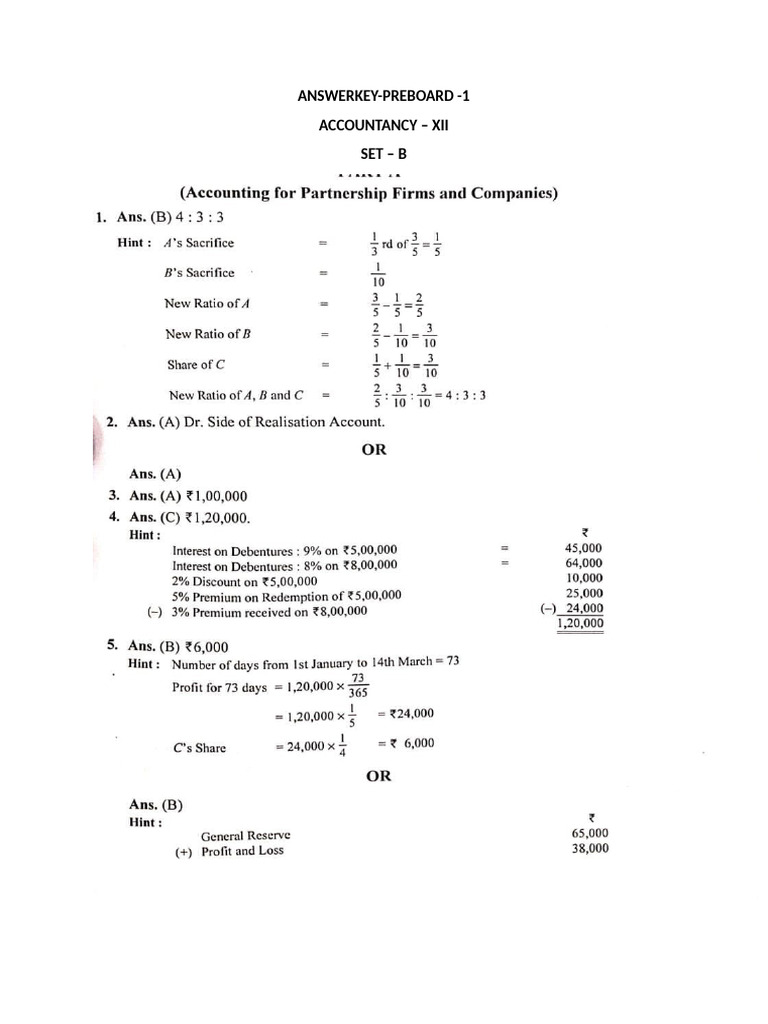 Answerkey - Pb-1 Xii Set B Accountancy 2024-25 | PDF
