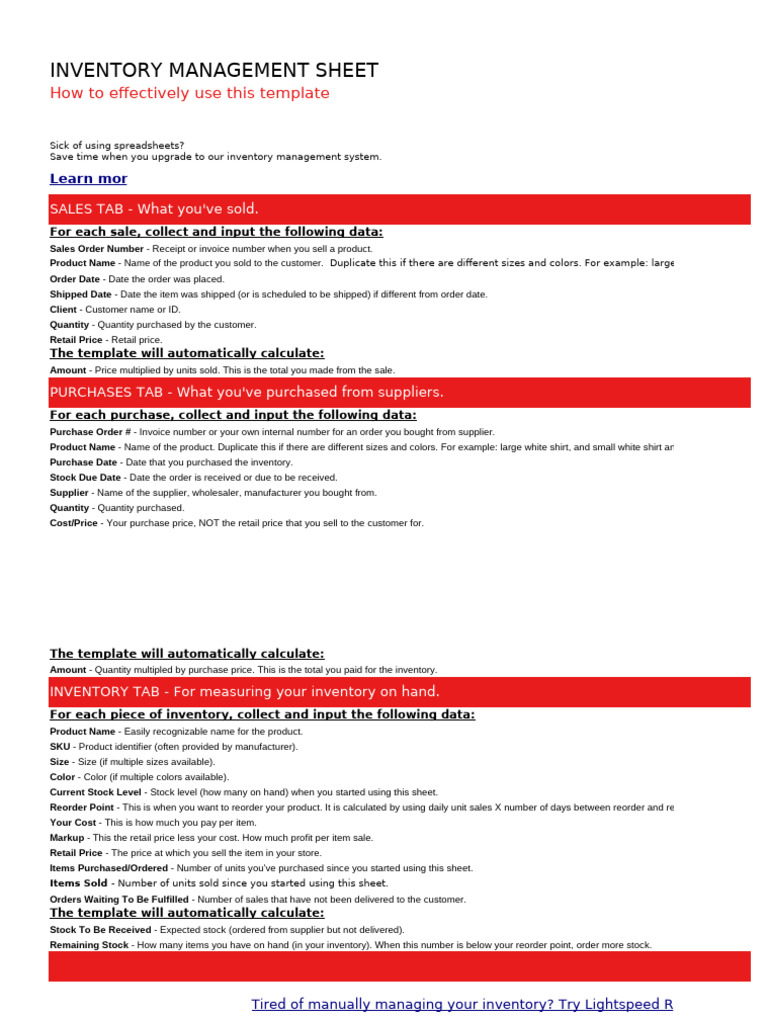 Lightspeed Inventory Management Template | PDF | Inventory | Point Of Sale