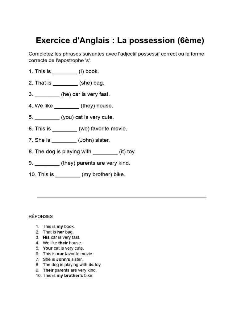 Exercice Possession Anglais 6eme PDF | PDF