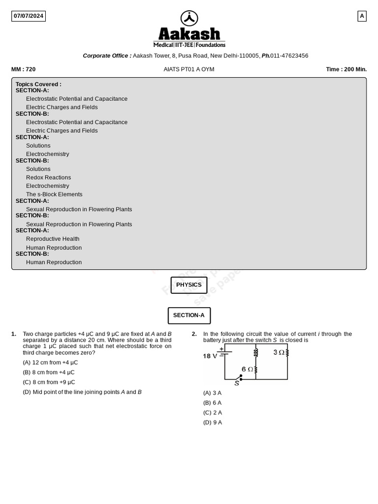 Practice Aiats-01 Oym | PDF | Capacitor | Capacitance