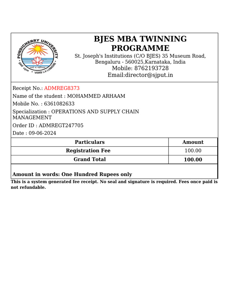 PreAdmission Registration Receipt | PDF