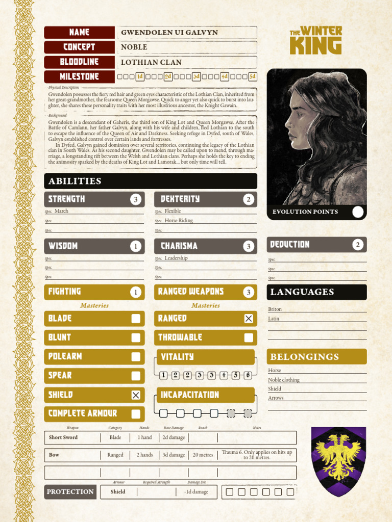 The Winter King Quickstart Guide Character Sheets | PDF