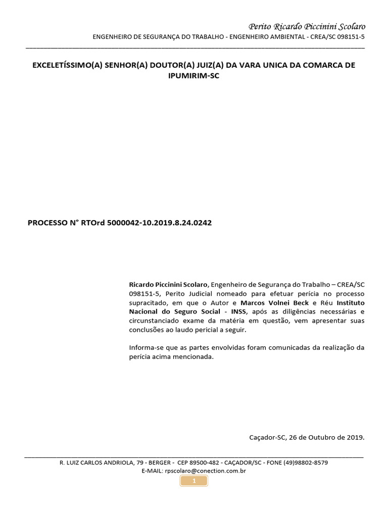 Laudo pericial - Jacob Biondo(trabalhador rural e na suinocultura) e ...