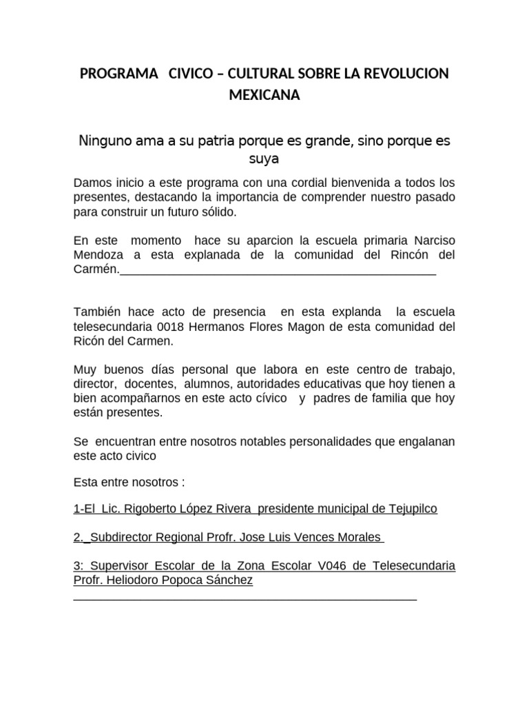 Programa de La Revolucion Mexicana 2024 | PDF | México