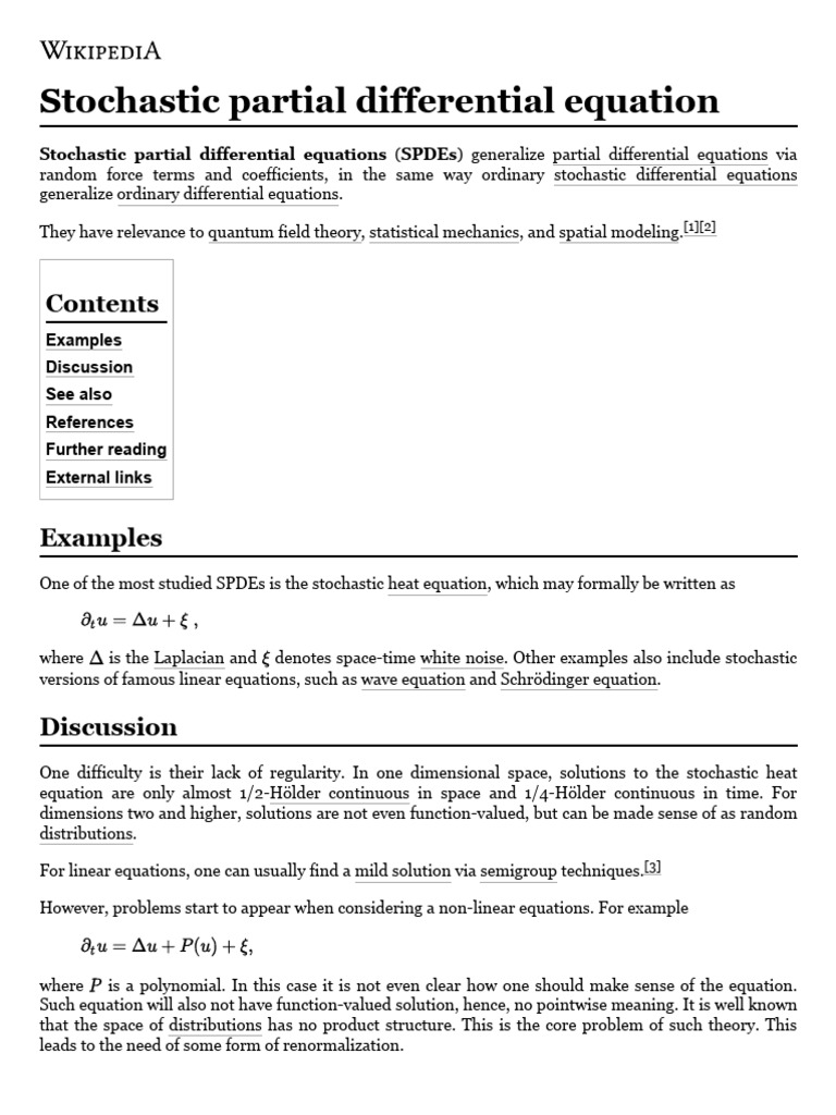 Stochastic Partial Differential Equation Wikipedia Pdf Applied