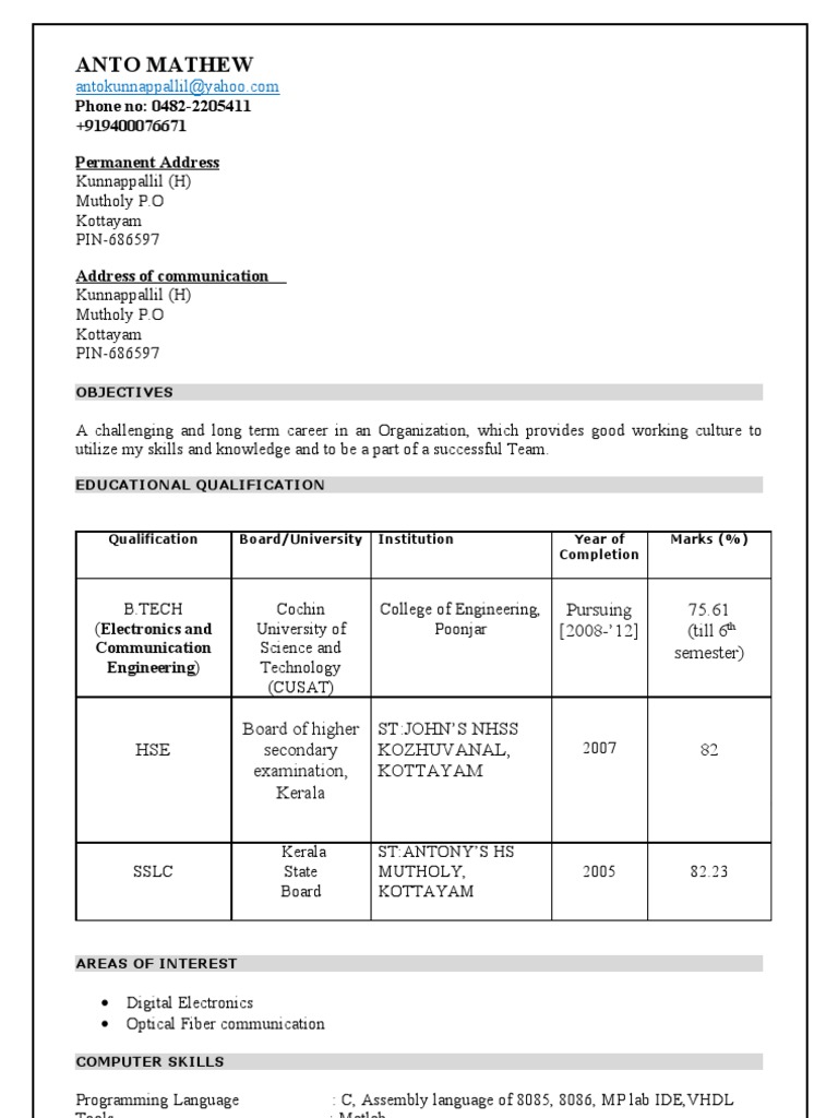 Anto Mathew: Phone No: 0482-2205411 +919400076671 Permanent Address ...