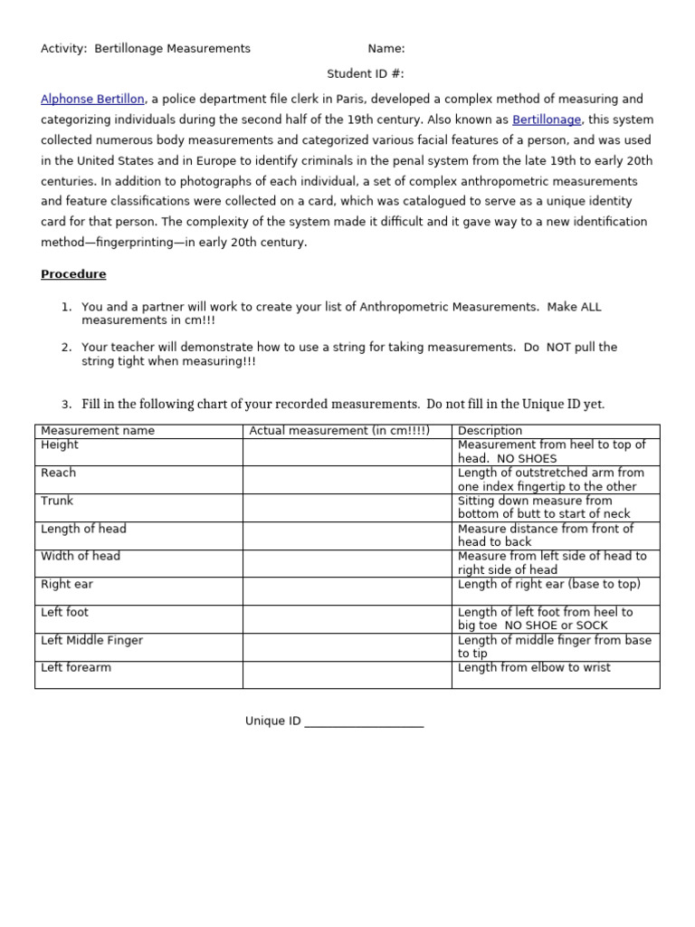 Lab Bertillonage Measurement | PDF