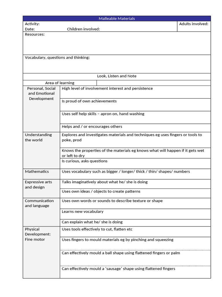 Handling Malleable Materials - Revised EYFS | PDF