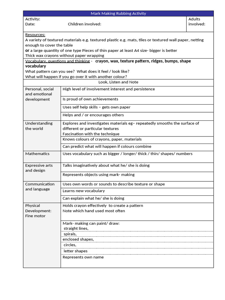 Mark Making - Rubbing Activity - Revised EYFS | PDF