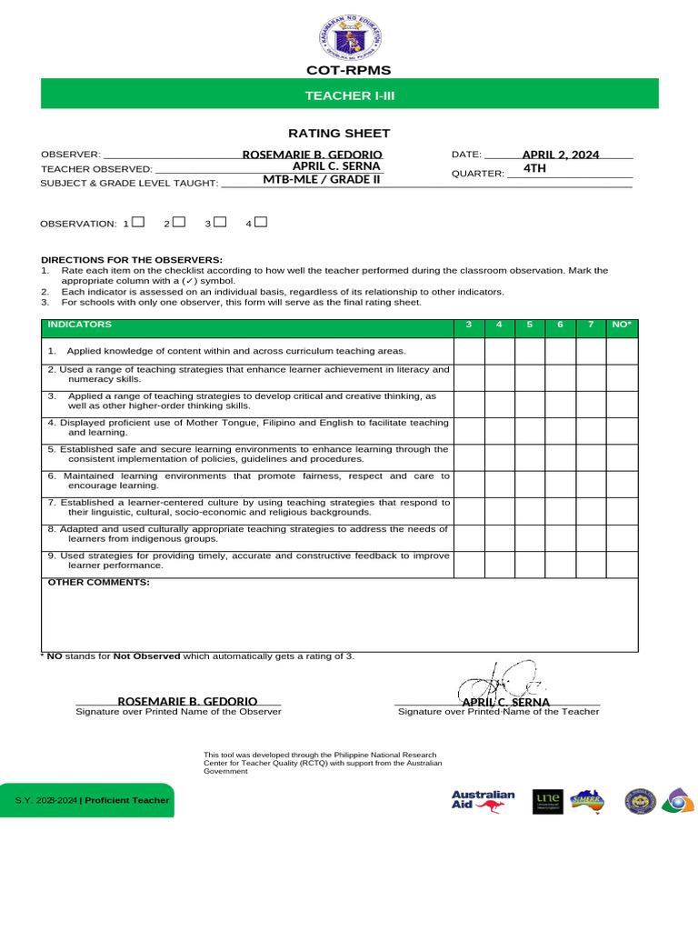 4TH COT-RPMS Rating Sheet For T I-III For SY 2023-2024 | PDF | Teachers | Learning