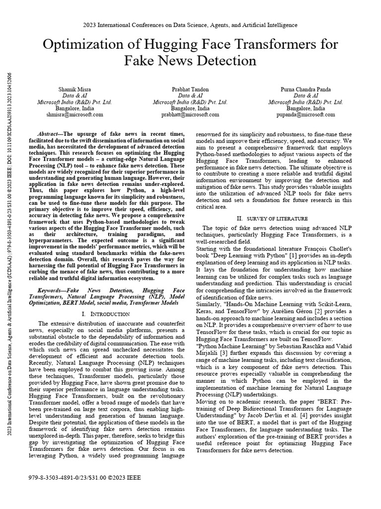 Optimization Of Hugging Face Transformers For Fake News Detection Pdf Statistical