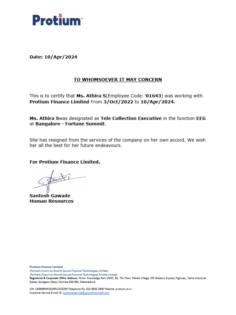 Protium Finance Employee Certificate | PDF