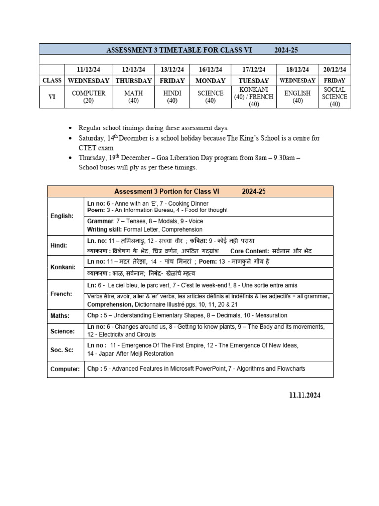 Class VI Assessment 3 TT & Portion (2024-25) | PDF | Linguistics | Grammar
