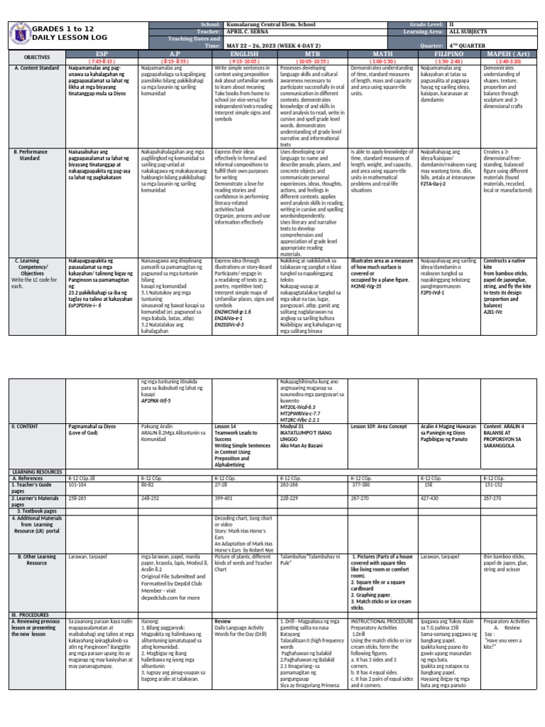 DLL_ALL SUBJECTS 2_Q4_W4_D2 | PDF