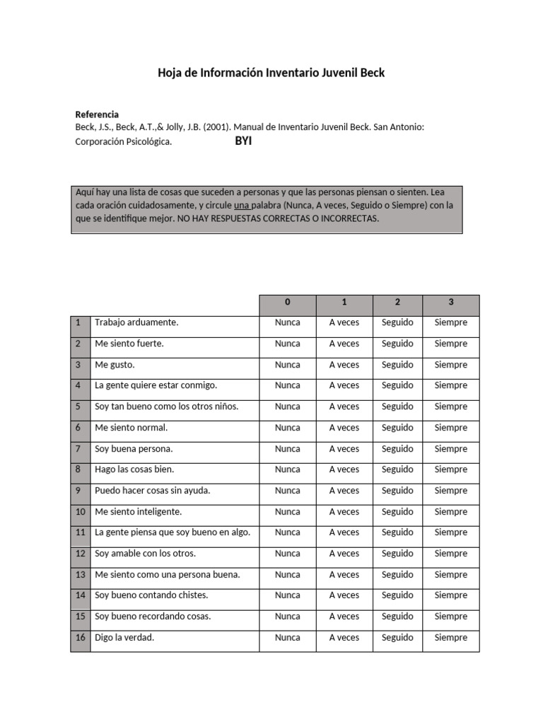 Hoja de Información Inventario Juvenil Beck1 | PDF