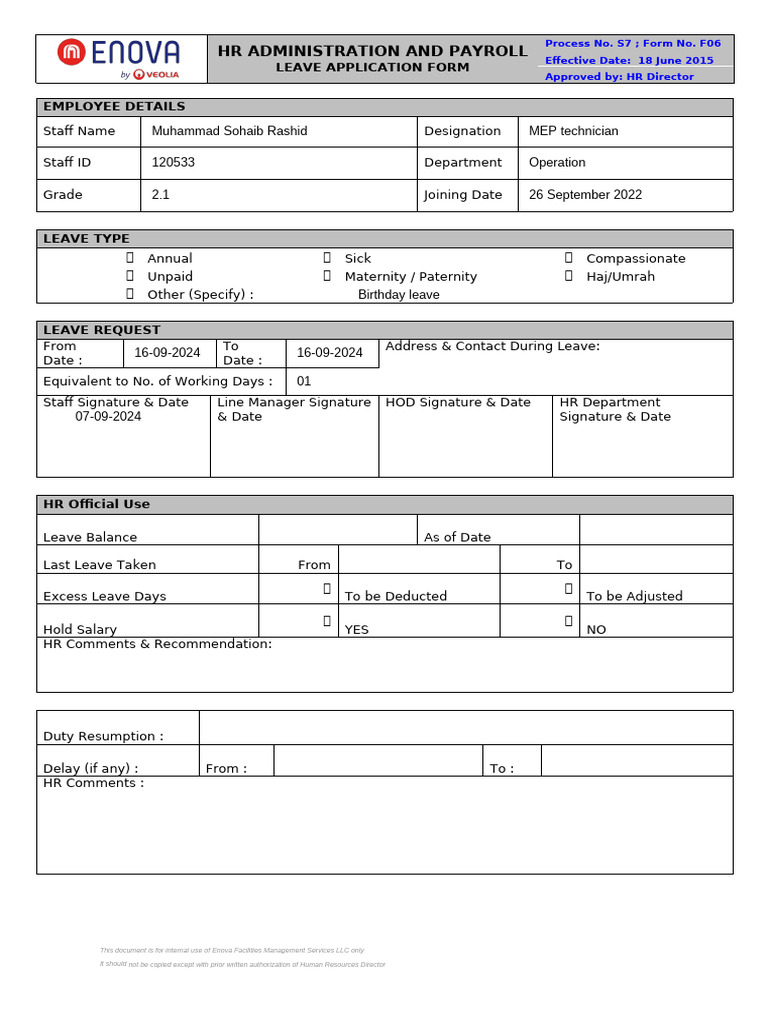 S7-F06 Leave Application Form..Docx-1 | PDF | Employee Relations | Business