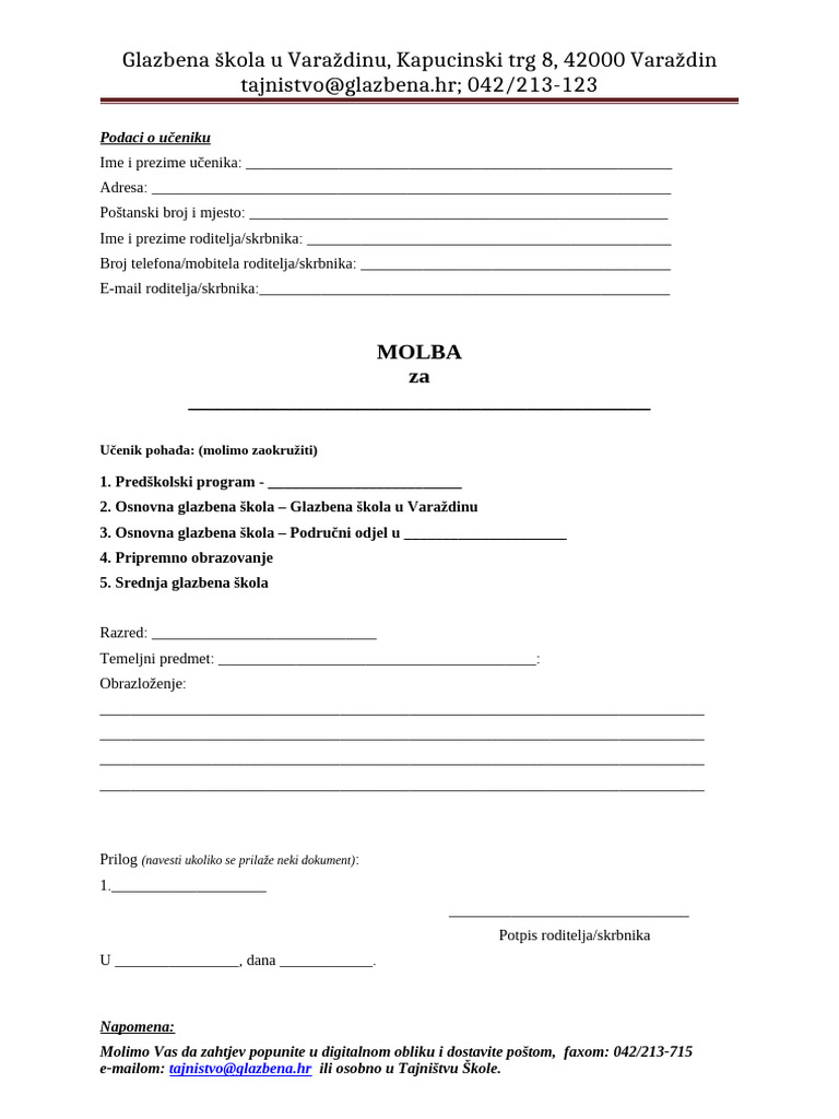 Obrazac Molbe Za Ucenike I Roditelje | PDF