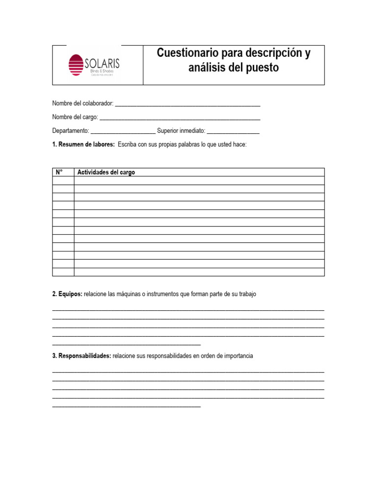 Cuestionario Para Descripción y Análisis Del Puesto | PDF