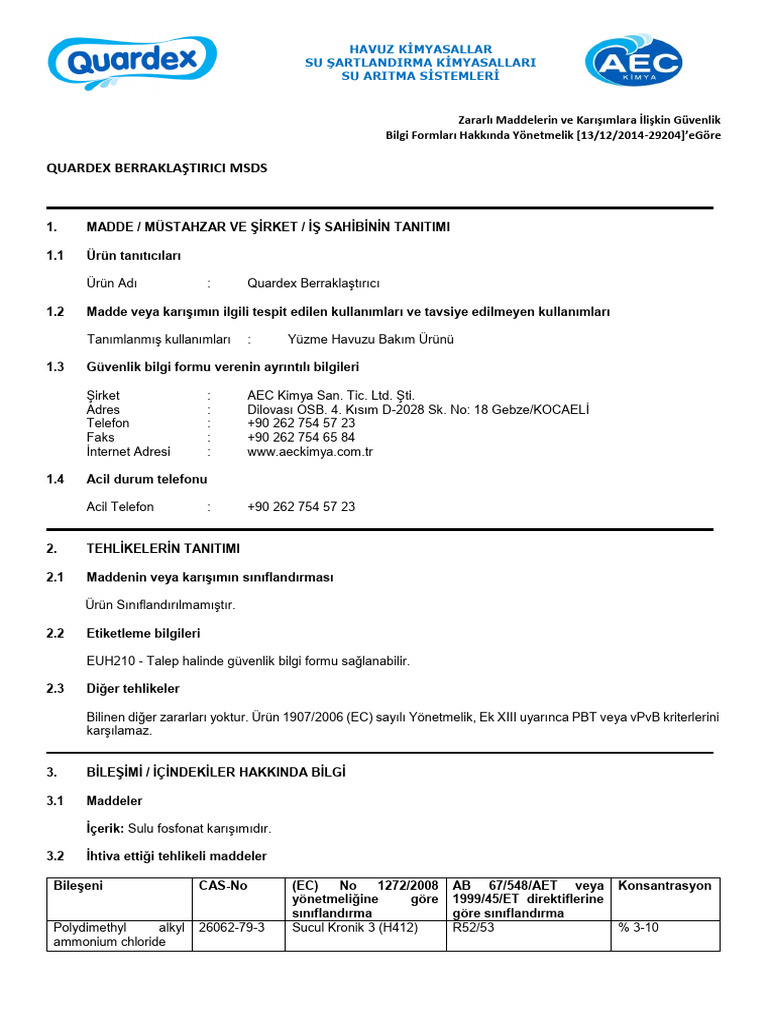Quardex Berraklaştirici MSDS | PDF