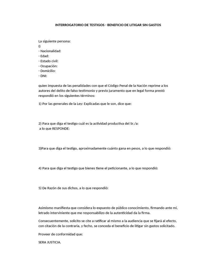 5 Modelo Interrogatorio de Testigos Beneficios de Litigar Sin Gastos | PDF