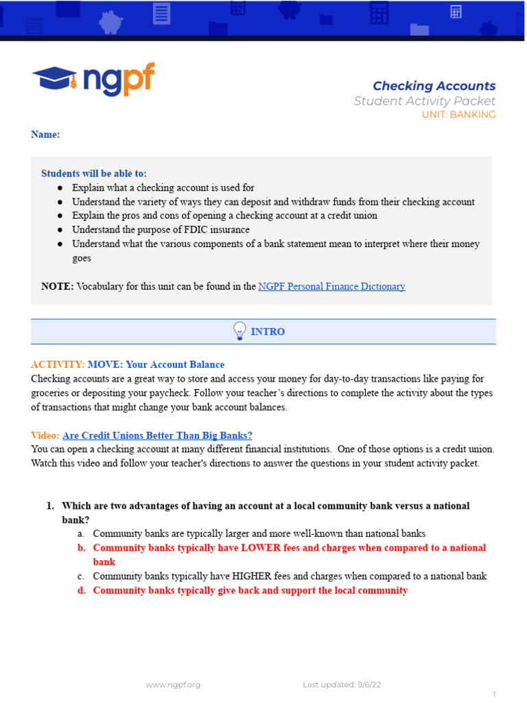 EPF Checking Accounts Student Activity Packet | PDF | Transaction ...