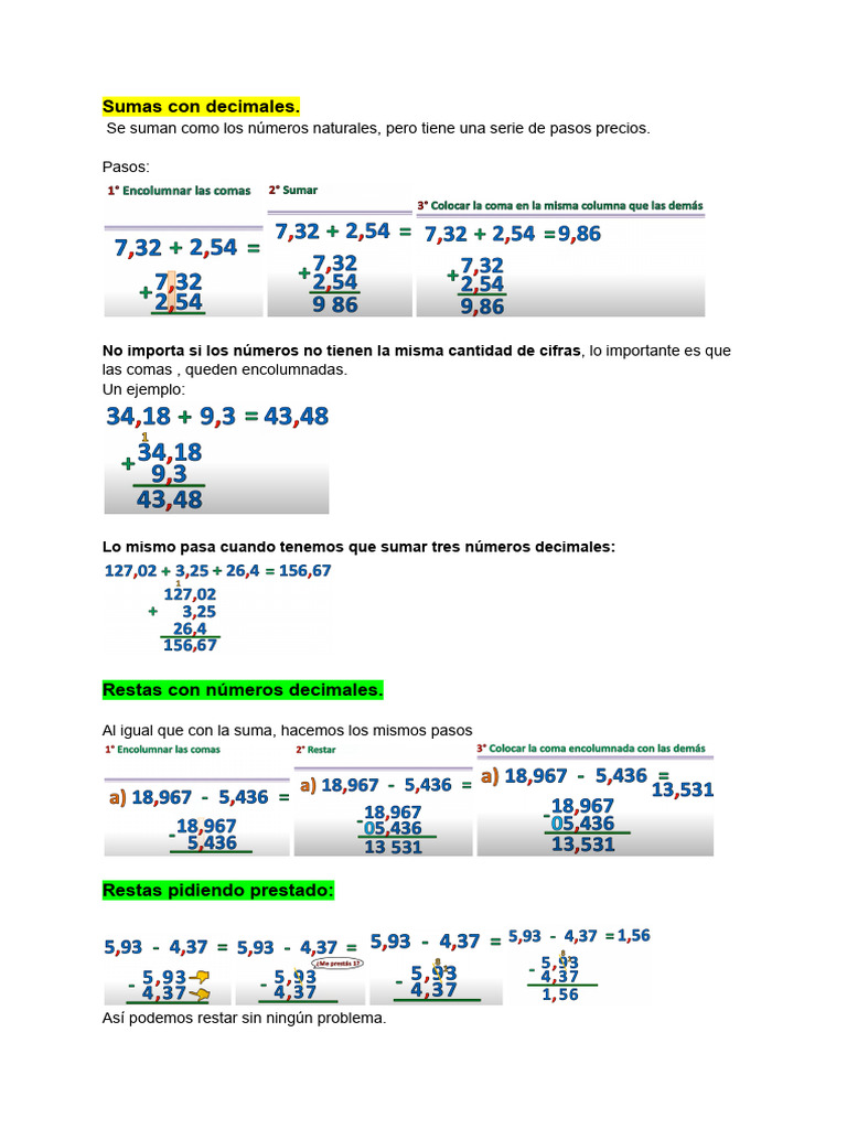 Operaciones Con Decimales. | PDF