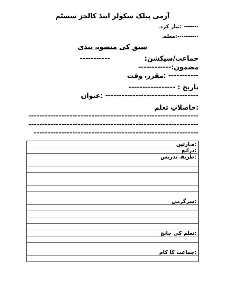 Updated Urdu Daily Lesson Plan Format PreSchool | PDF