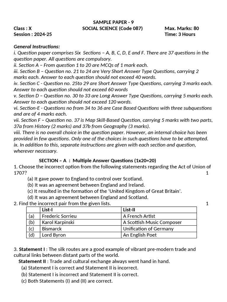 Class 10 SST Sample Paper 2024 | PDF | Government Of India