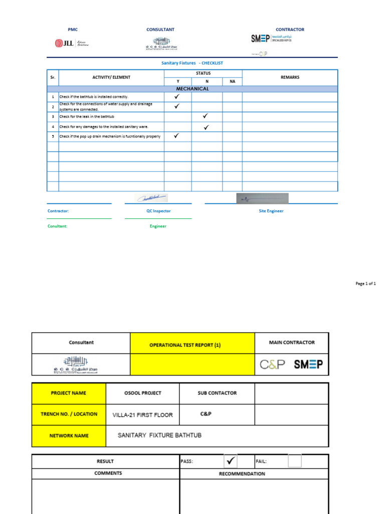 V-00-Eci-Mech-0000-Operational Test For Sanitary Fixture Bathtub | PDF ...