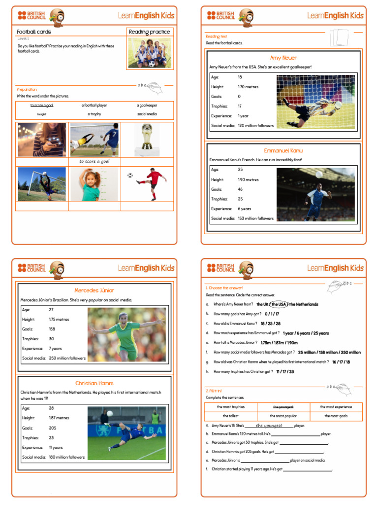 Reading Practice Football Cards Worksheet | PDF | Association Football