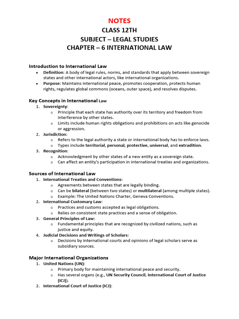 Class 12 International Law Notes | PDF | International Law | Human Rights