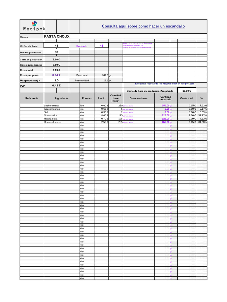Escandallo Plantilla Simple 1 | PDF