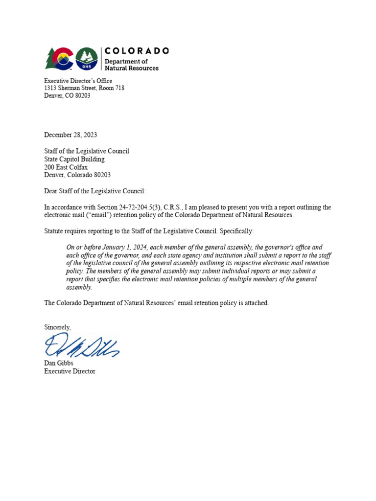 CPW Follows The Department of Natural Resources Email Retention Policy ...