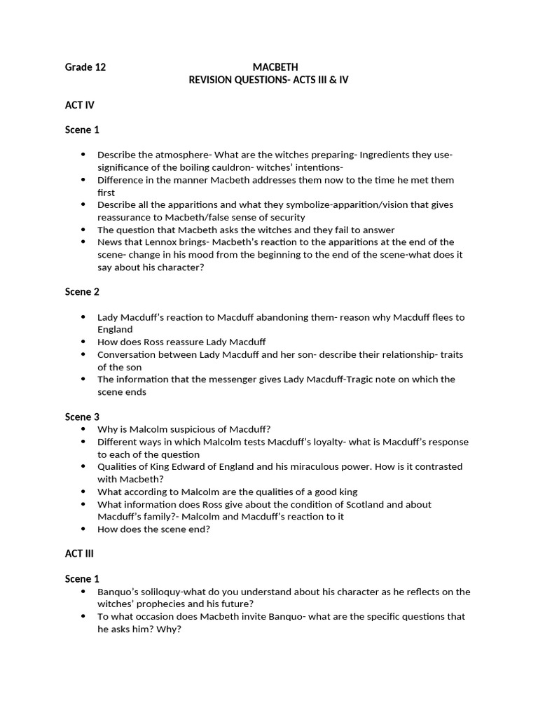GR 12-Macbeth Rev qns-ACTS 3 & 4 | PDF | Macbeth | Shakespearean Tragedies