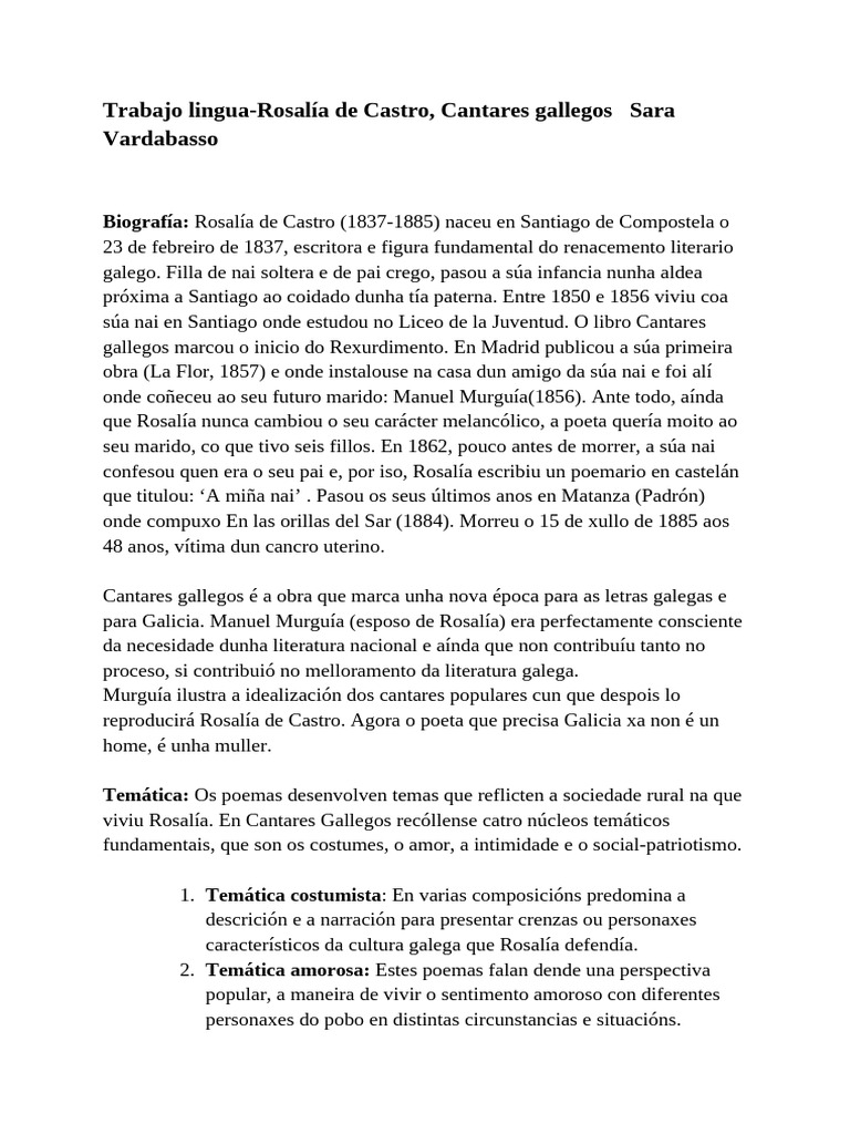 Trabajo Lingua-Rosalía de Castro, Cantares Gallegos | PDF