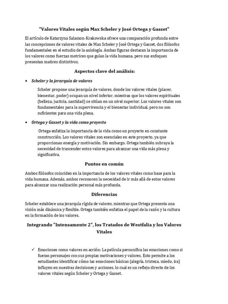 Valores Vitales: Scheler y Ortega | PDF | Las emociones | Axiología