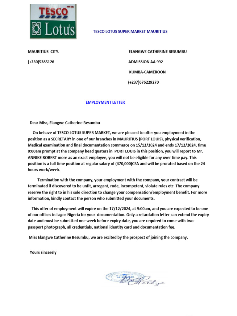 Letter of Employment For Miss Catherine | PDF