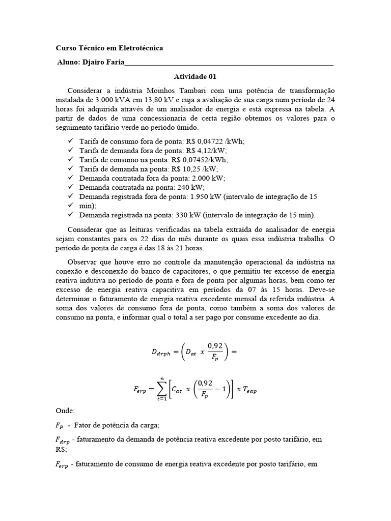 Exercicio 01 | PDF | Potência (Física) | Energia elétrica