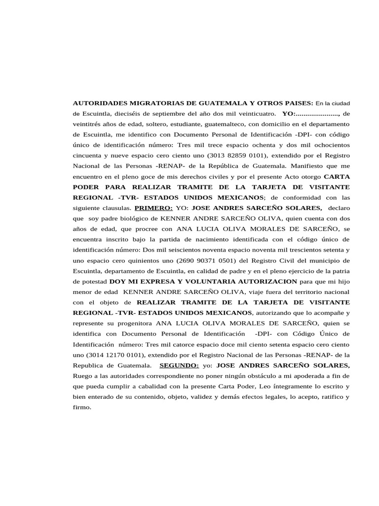 Carta Poder Menor de Edad | PDF | Guatemala